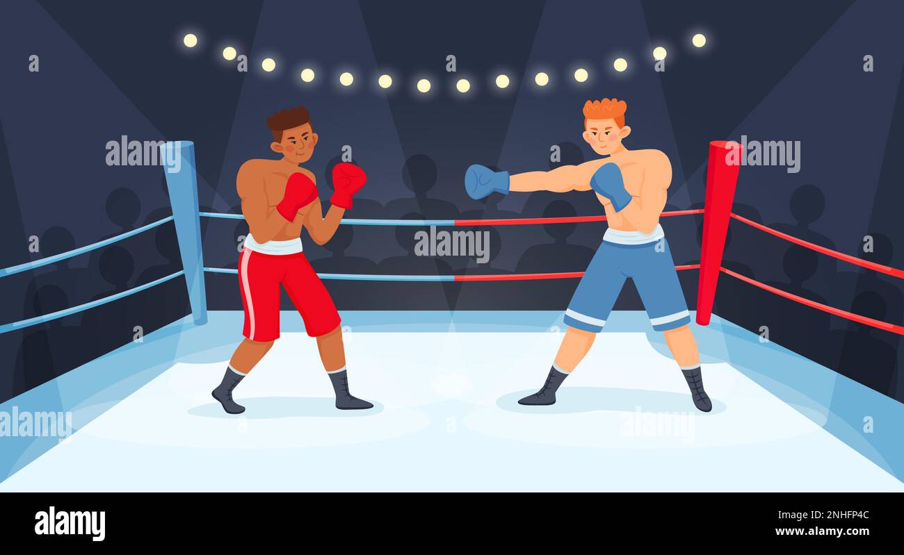 Fighters flat composition with indoor view of boxing ring with pair of ...