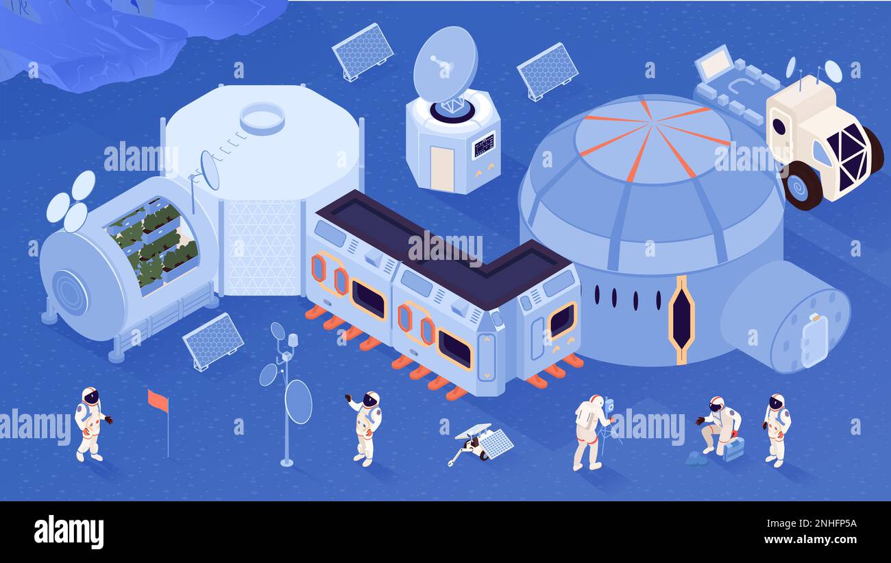 Space colonization concept with settlement mission symbols isometric ...
