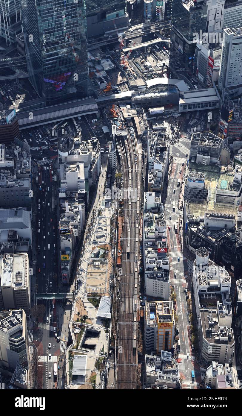An aerial photo shows JR Shibuya station in Shibuya Ward, Tokyo on ...