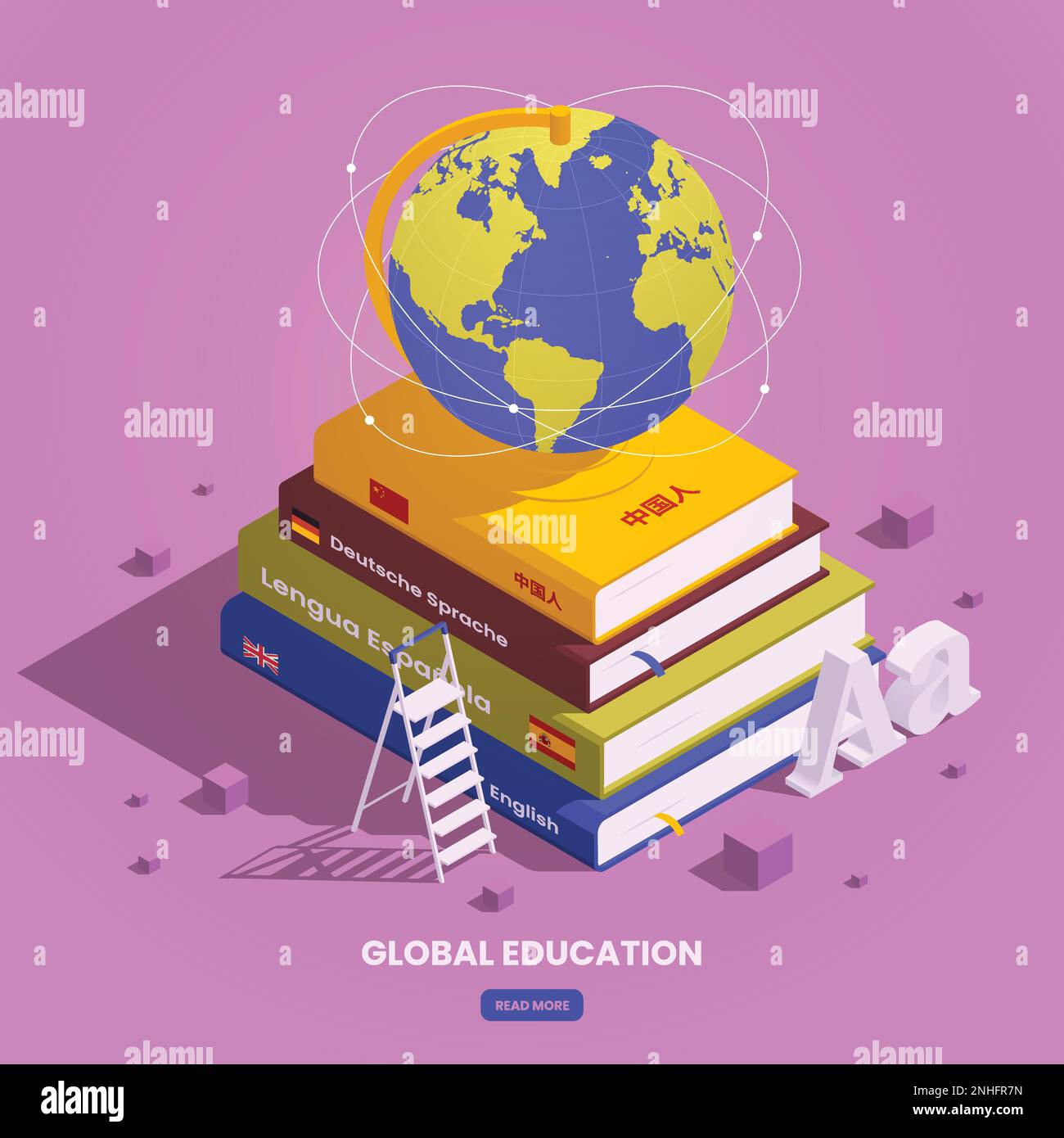Global education student exchange isometric composition with earth globe on stack of books with ...