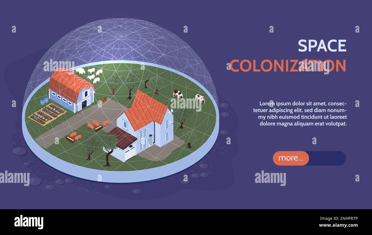 Space colonization horizontal banner with living settlement symbols ...