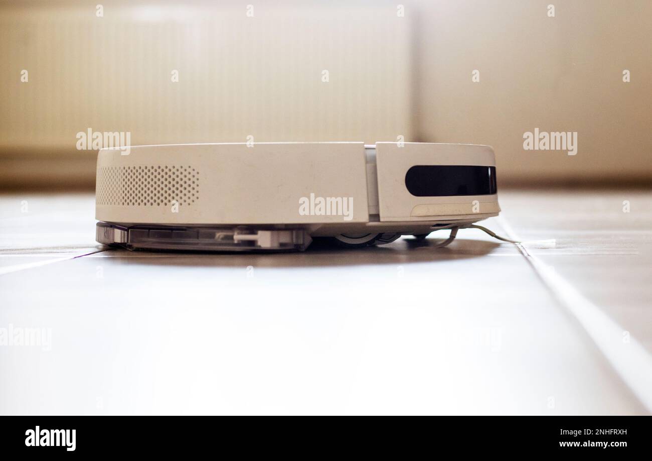robot vacuum cleaner removes wool in a room on the floor, horizontal ...