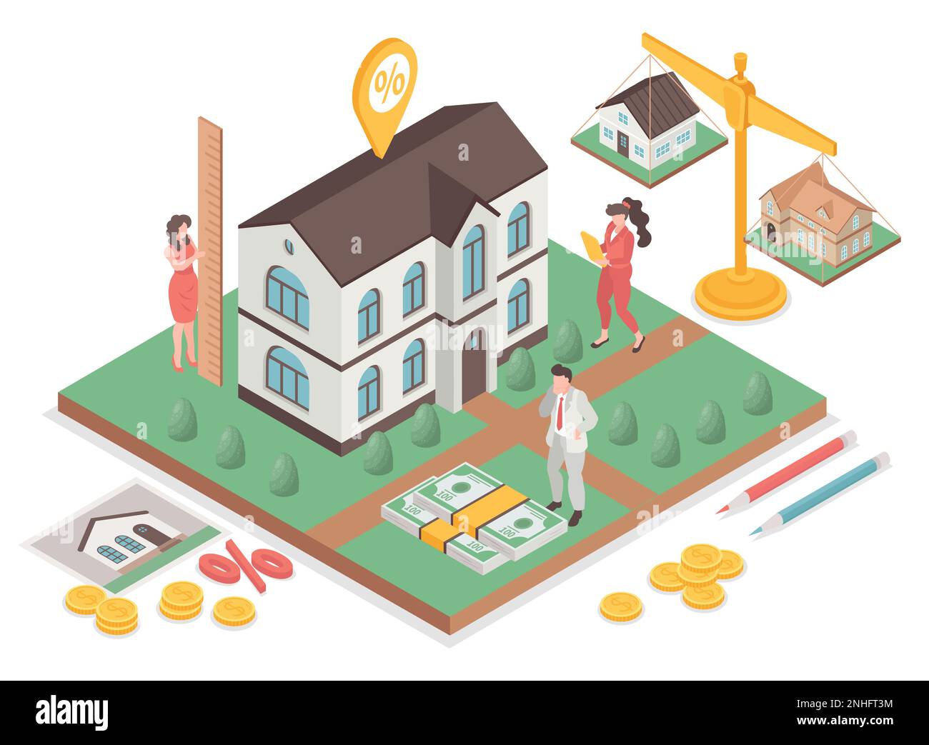 Real estate appraisal isometric composition with agents making price ...