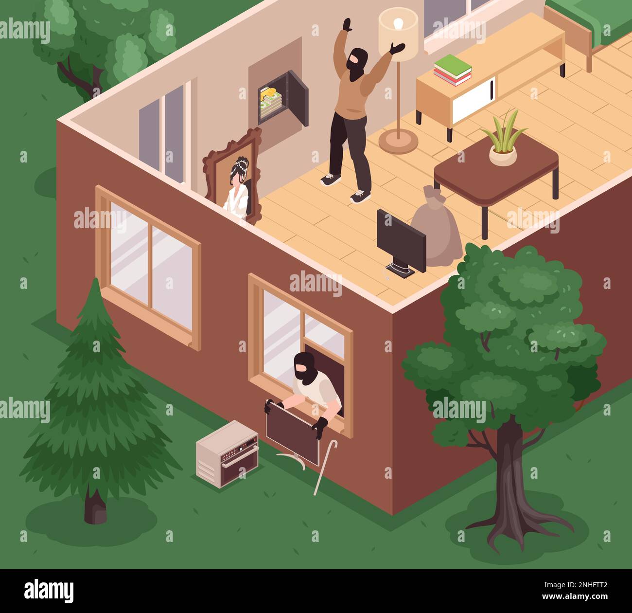 Isometric burglar robbery scene with criminal breaking into apartment ...