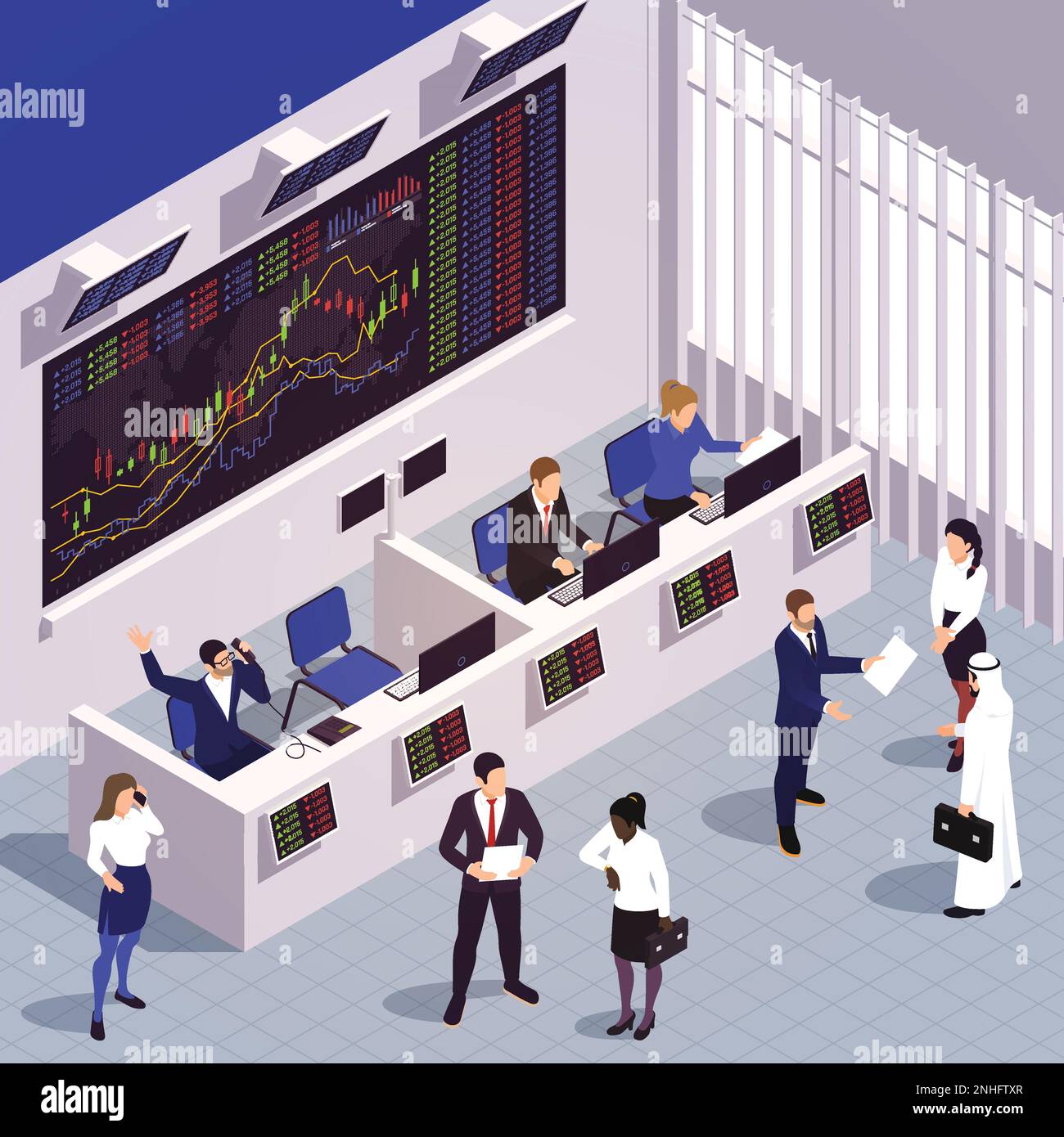 Financial professions isometric composition with indoor view of ...