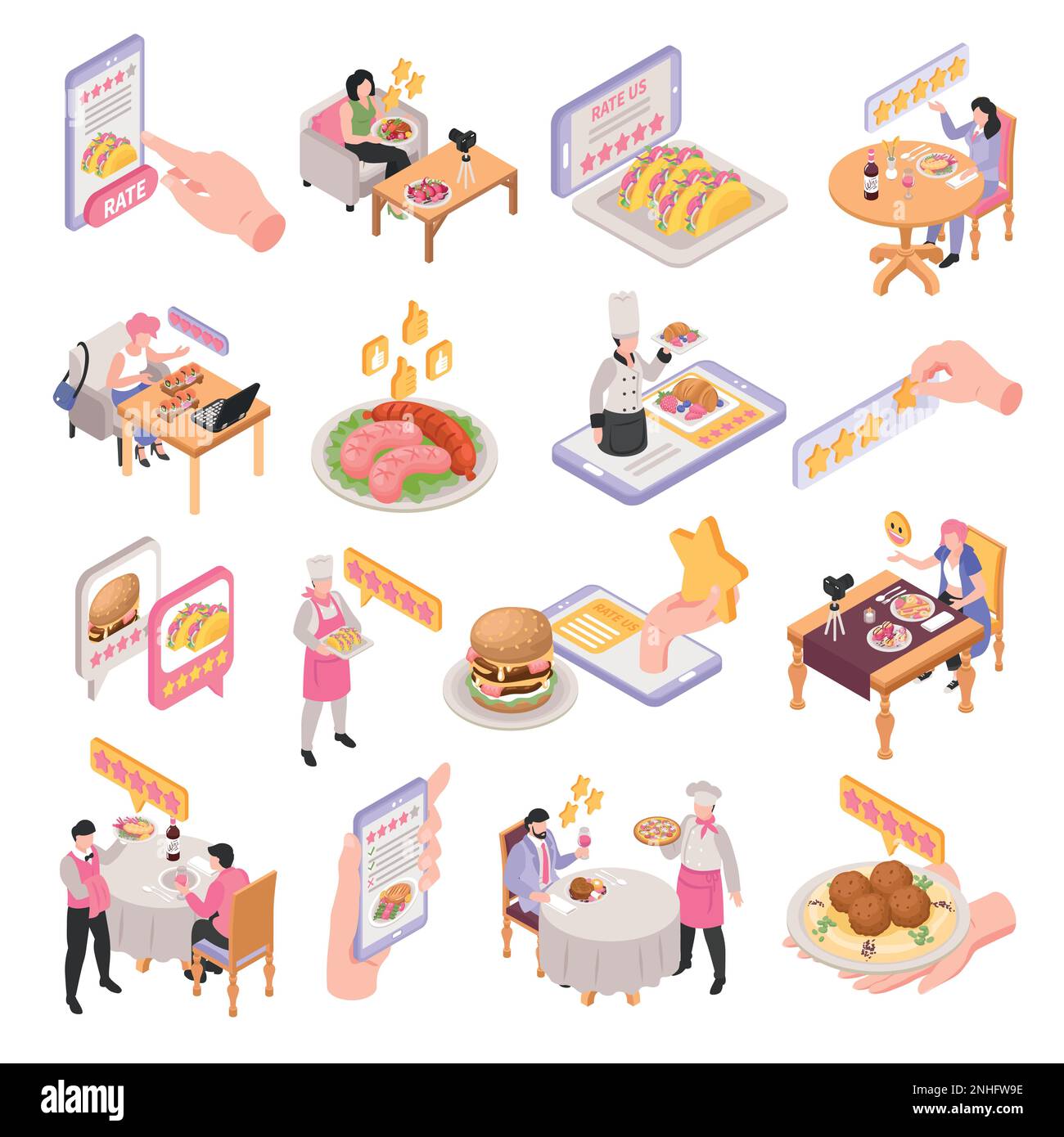 Isometric restaurant rating icons set with michelin star system ...