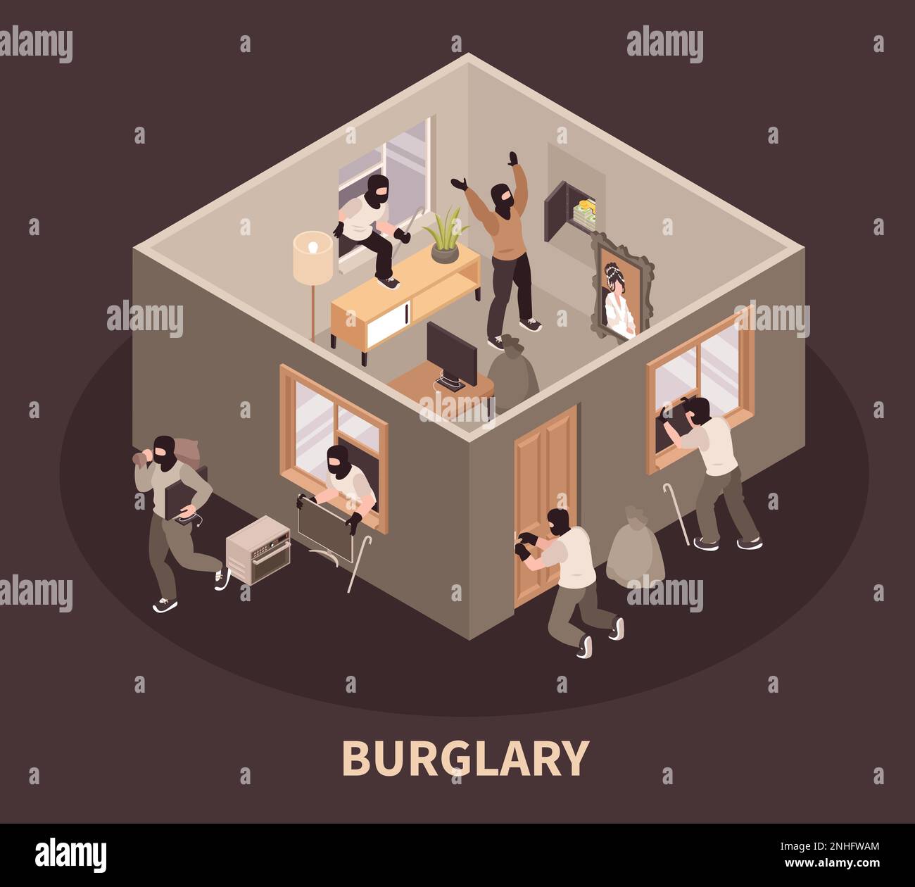 Isometric criminal robbery scene with burglar breaking into house ...