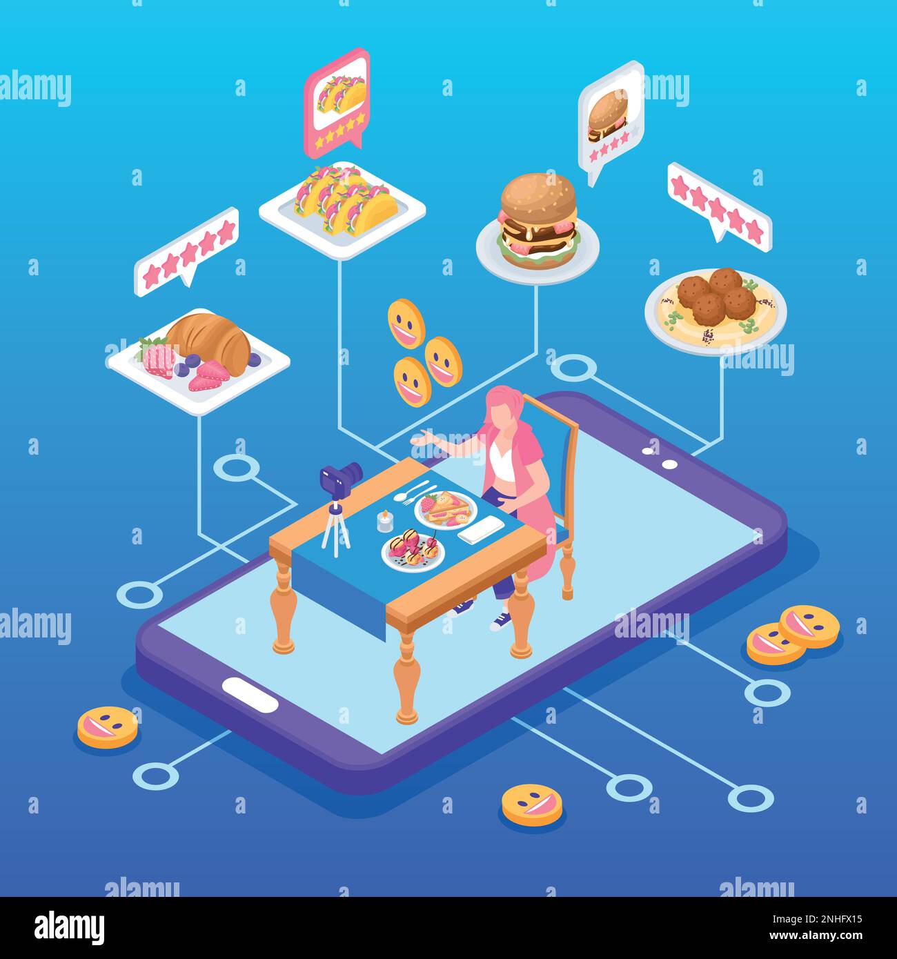 Isometric restaurant rating composition with food blogger and internet ...