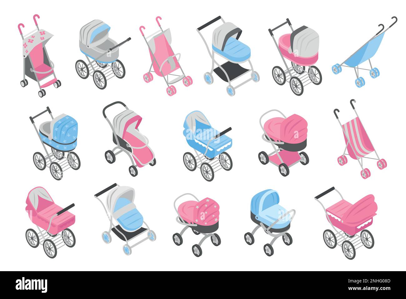 Isometric baby carriage in pink and blue colors isolated icons set ...