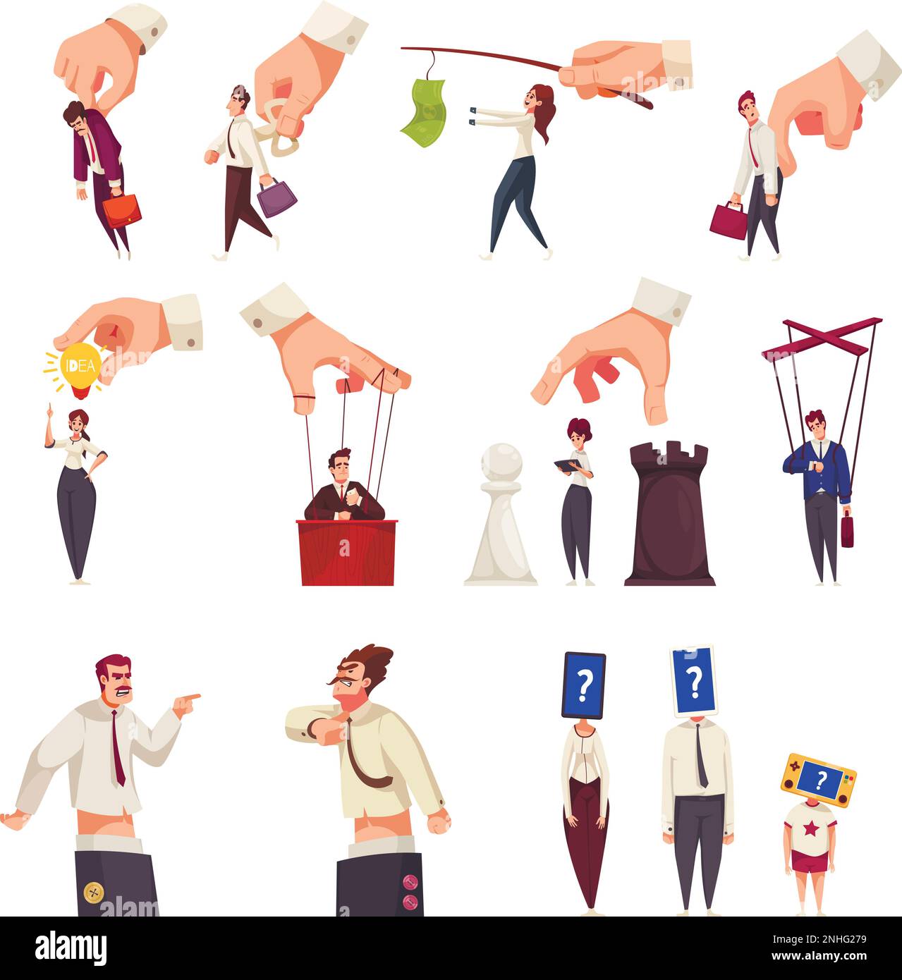 Manipulation cartoon set of people manipulated by puppeteer with ...