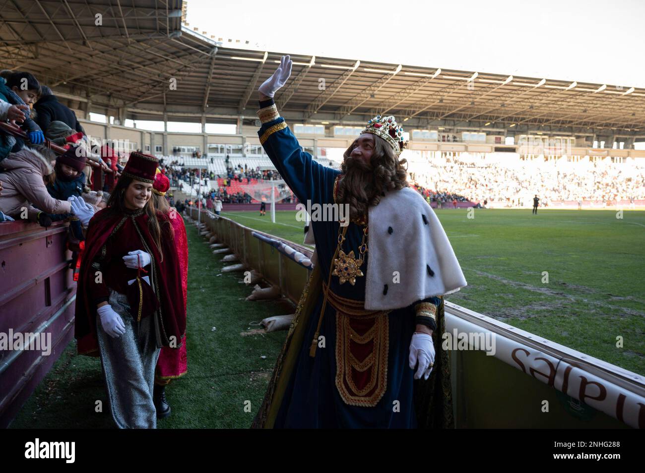 King Gaspar greets the children on his arrival in a helicopter of the ...