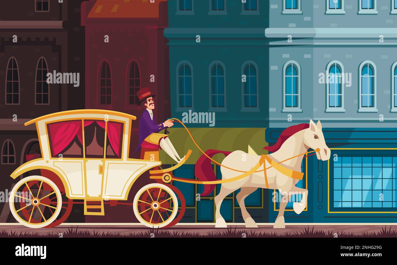 Vintage vehicle cartoon vector illustration with coachman on old ...
