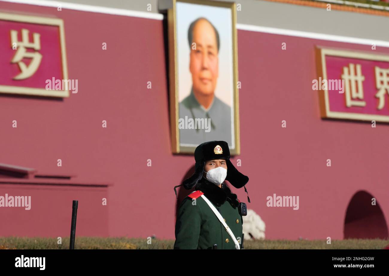 Police officers patrol around Tiananmen Square (Tian'anmen Square) in ...
