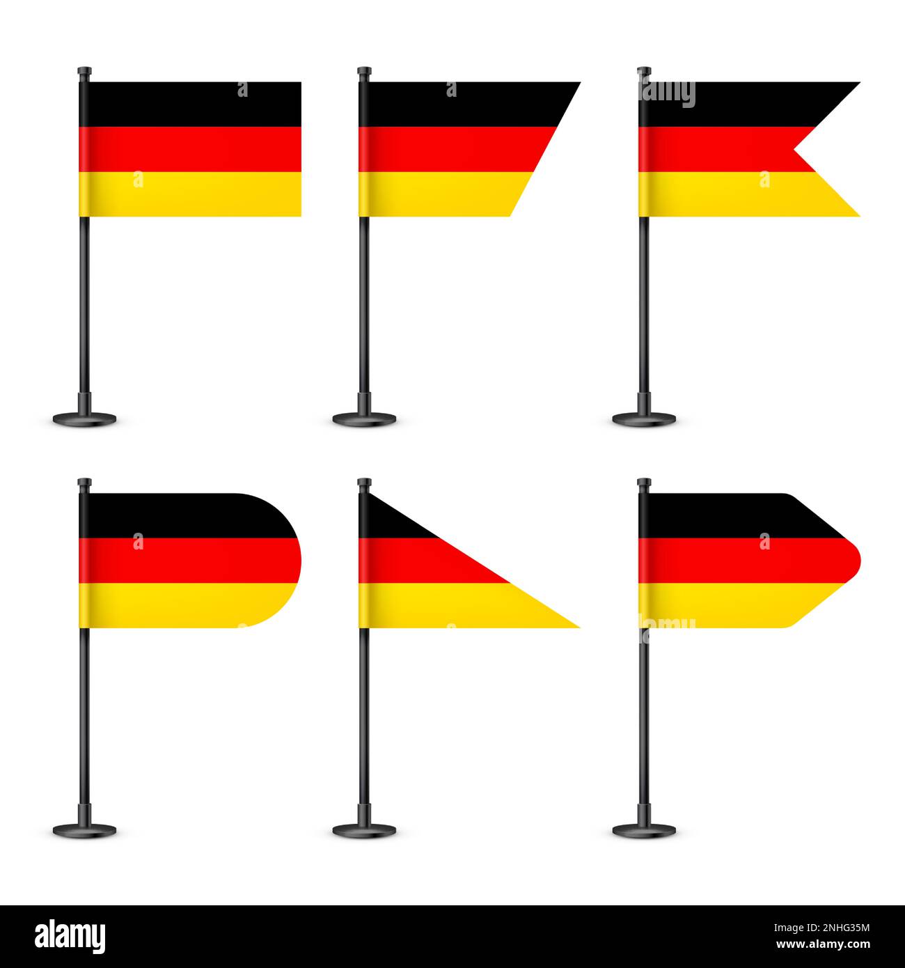 Realistic various German table flags on a black steel pole. Souvenir ...