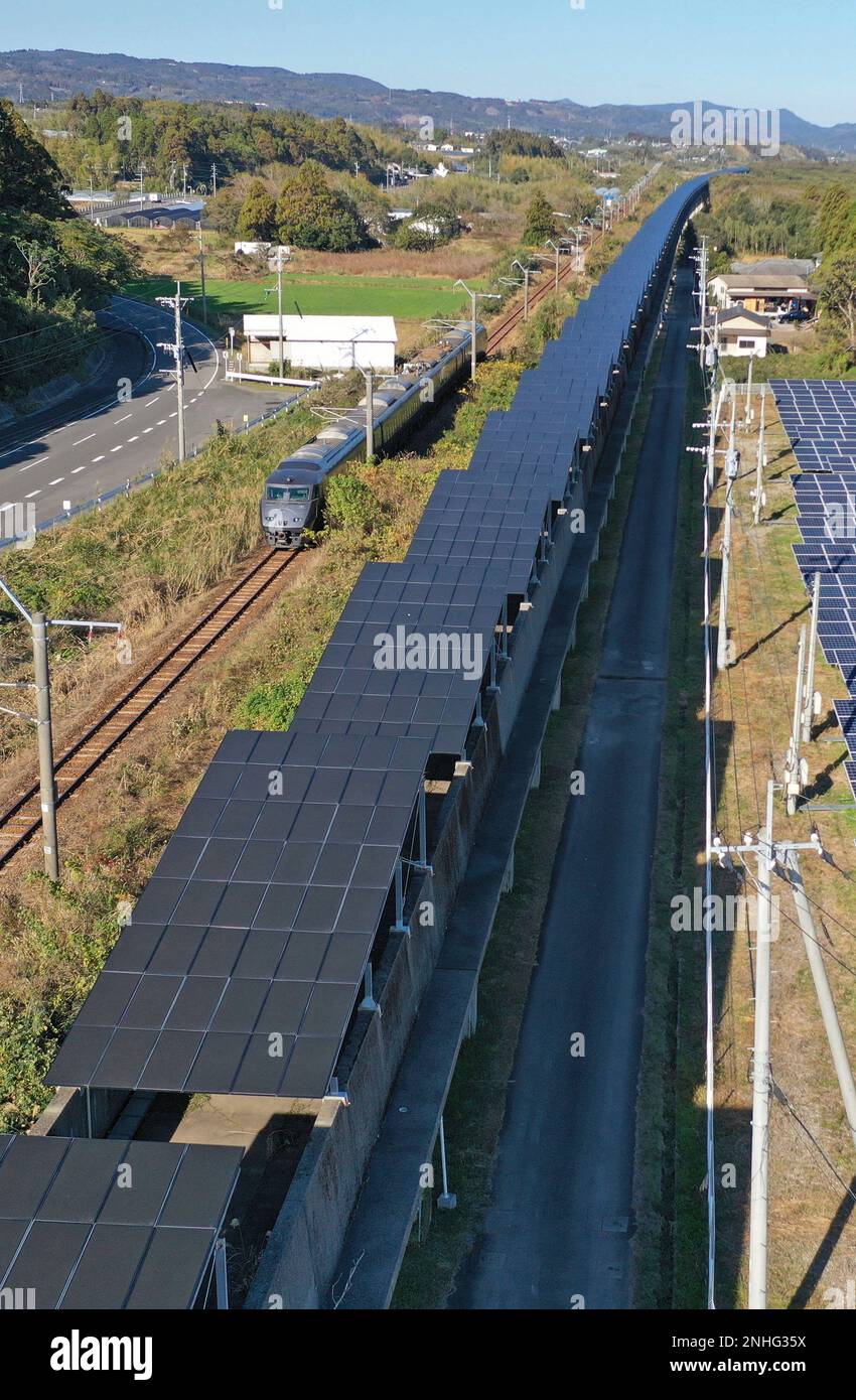 Solar panels are lined up on the viaduct of the former maglev (linear ...