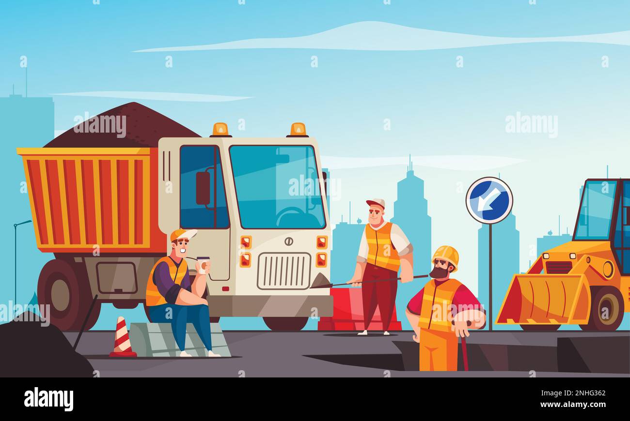 Road repair cartoon background with machinery and brigade of road ...