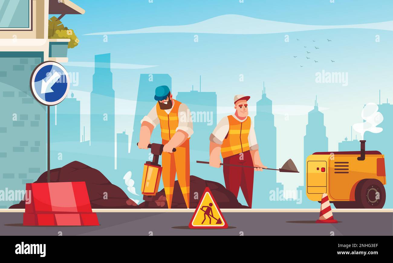 Road repair cartoon vector illustration with two male workers in road ...