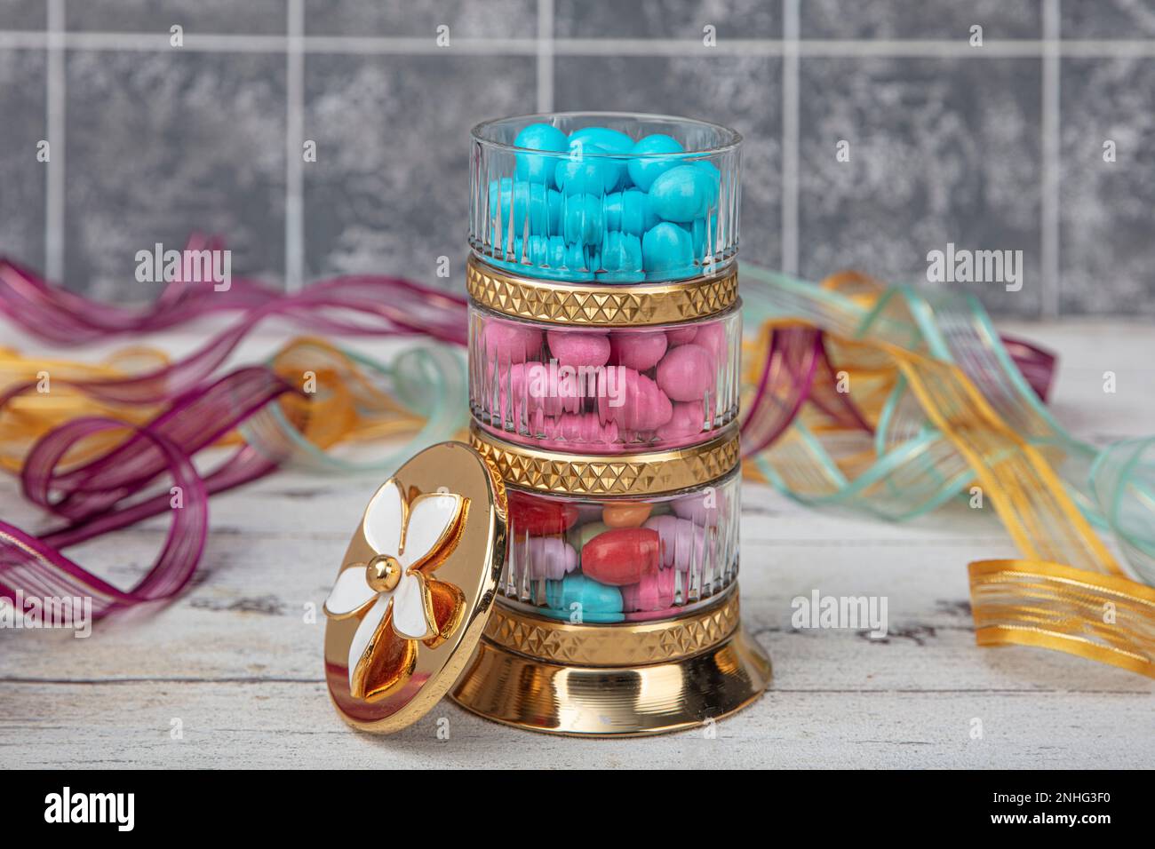 Colorful almond candy. Small colorful egg shape candies with almond ...