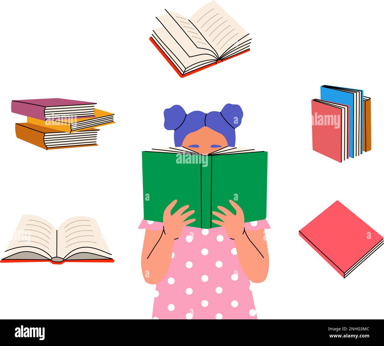 Girl reading book. Closed and open books. Illustration for bookstore ...