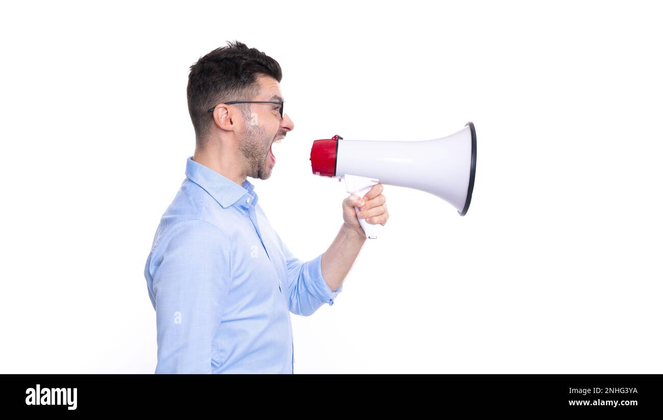 shouting man profile announcing with megaphone. photo of man announcing ...