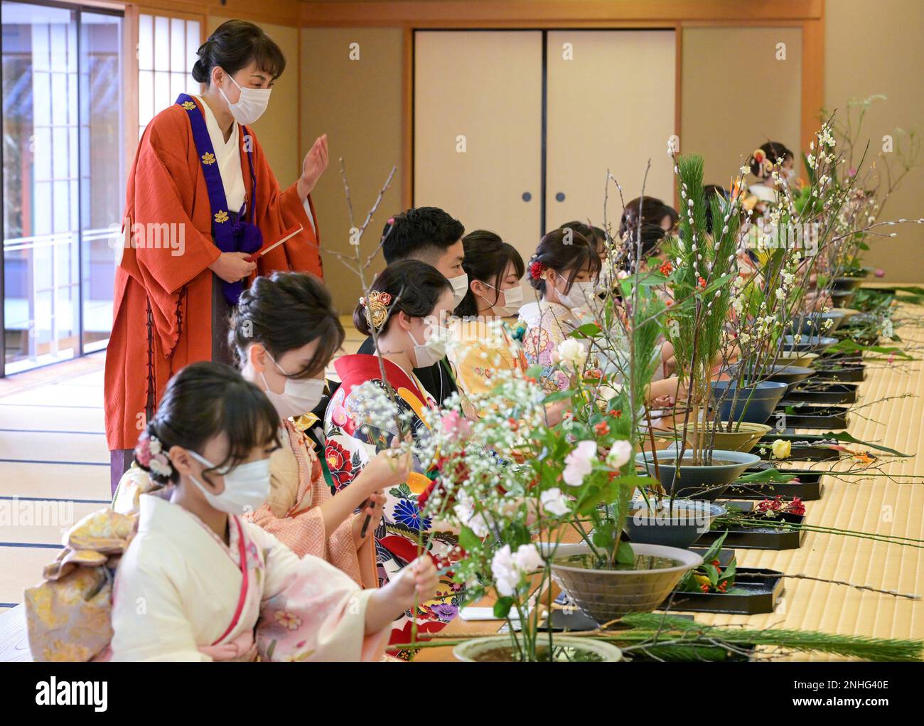 The Ikenobo ikebana school's Kimono-clad students arrange seasonal ...