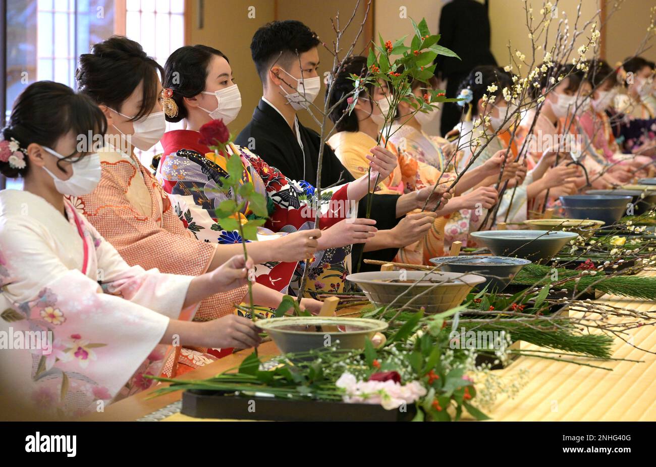 The Ikenobo ikebana school's Kimono-clad students arrange seasonal ...