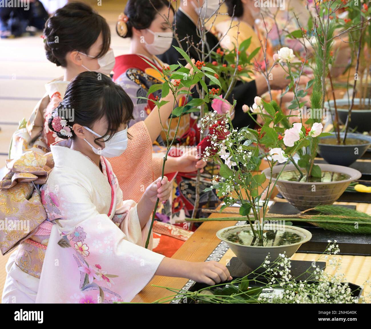 The Ikenobo ikebana school's Kimono-clad students arrange seasonal ...