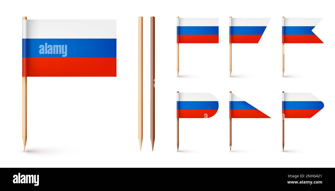 Realistic various Russian toothpick flags. Souvenir from Russia. Wooden ...