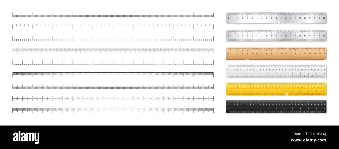 Realistic metal and plastic rulers. Measurement scales with divisions ...