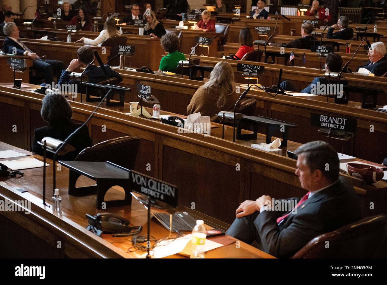 Senators turn and listen as Julie Salma, not pictured, speaks on the ...