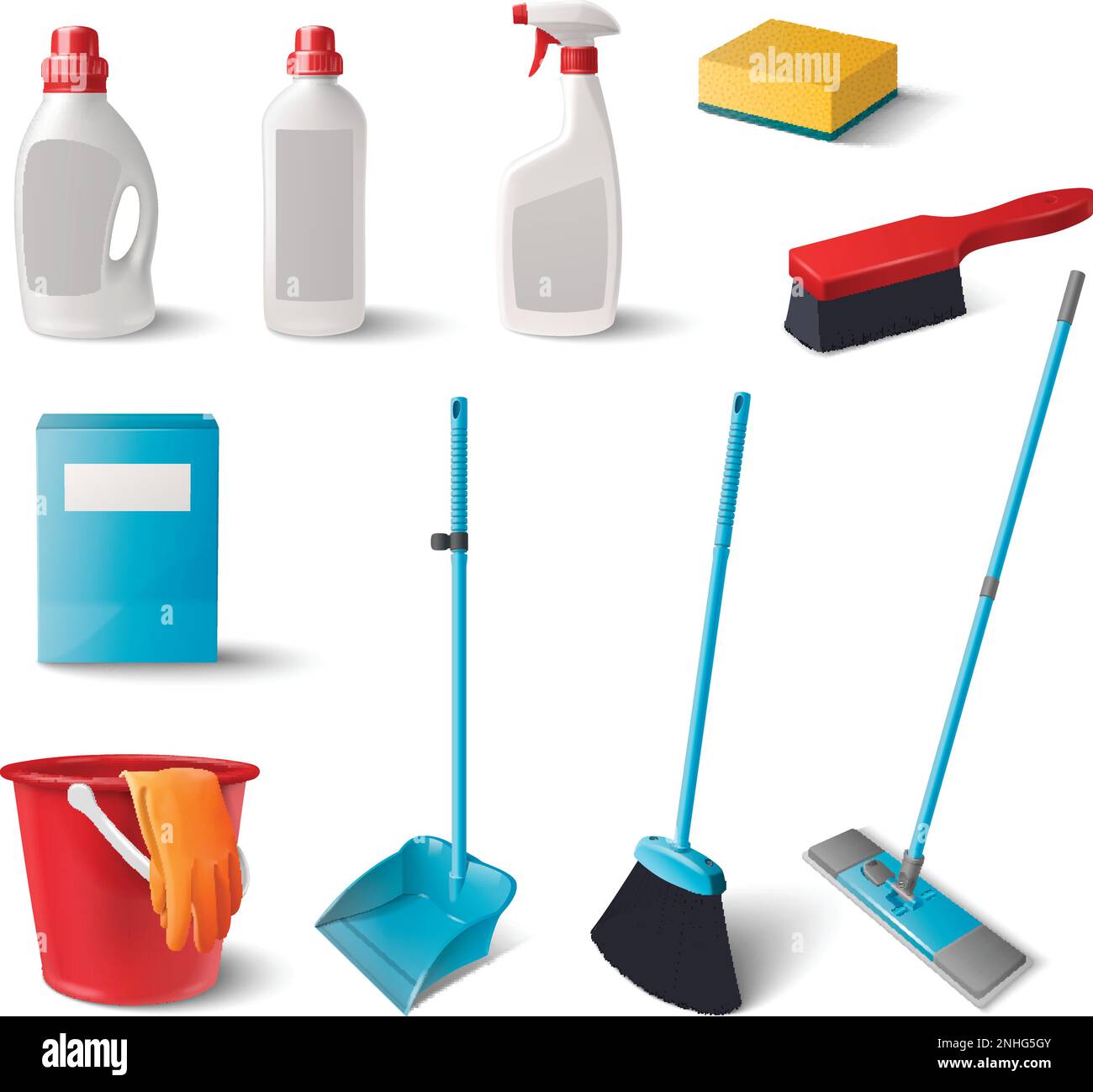 Household cleaning products realistic icons set with detergent bottles ...