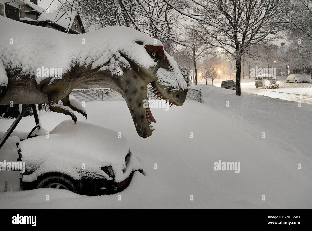 A life-size model of a T-Rex is caked in fresh snow along Portland ...