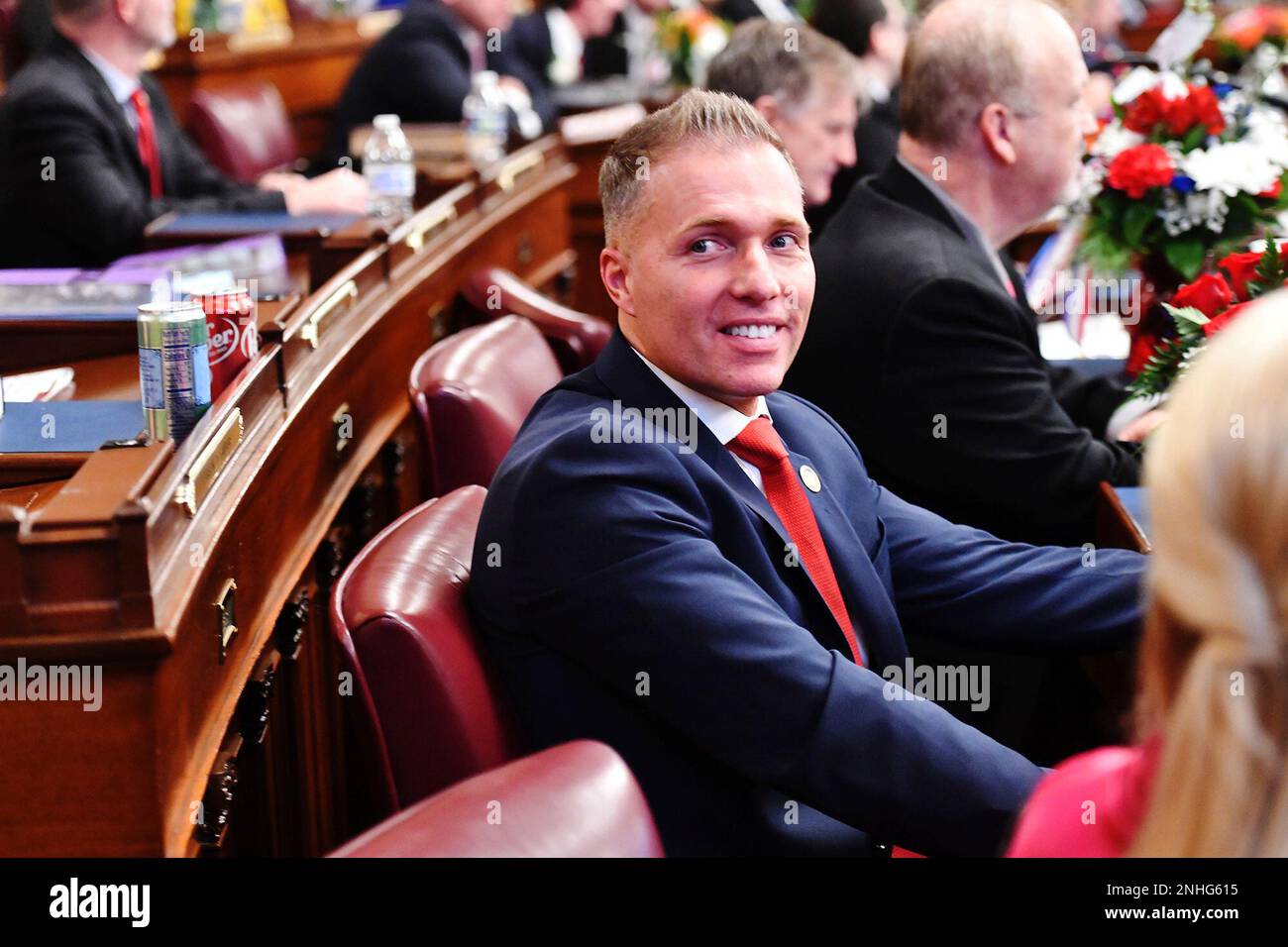State Rep. Dane Watro (R-116) looks on before being sworn in at the ...