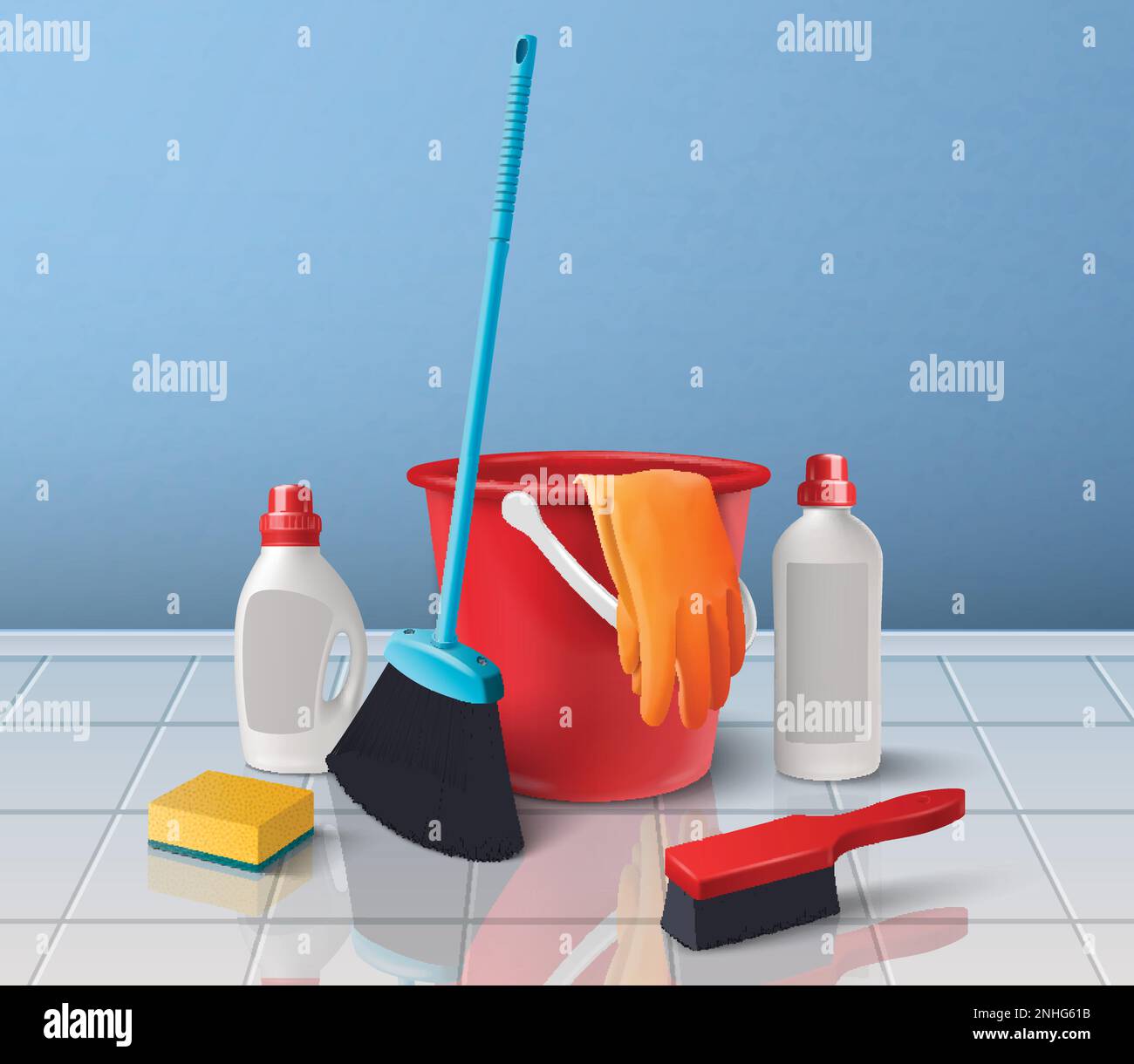 Household cleaning products realistic concept with plastic bucket and ...