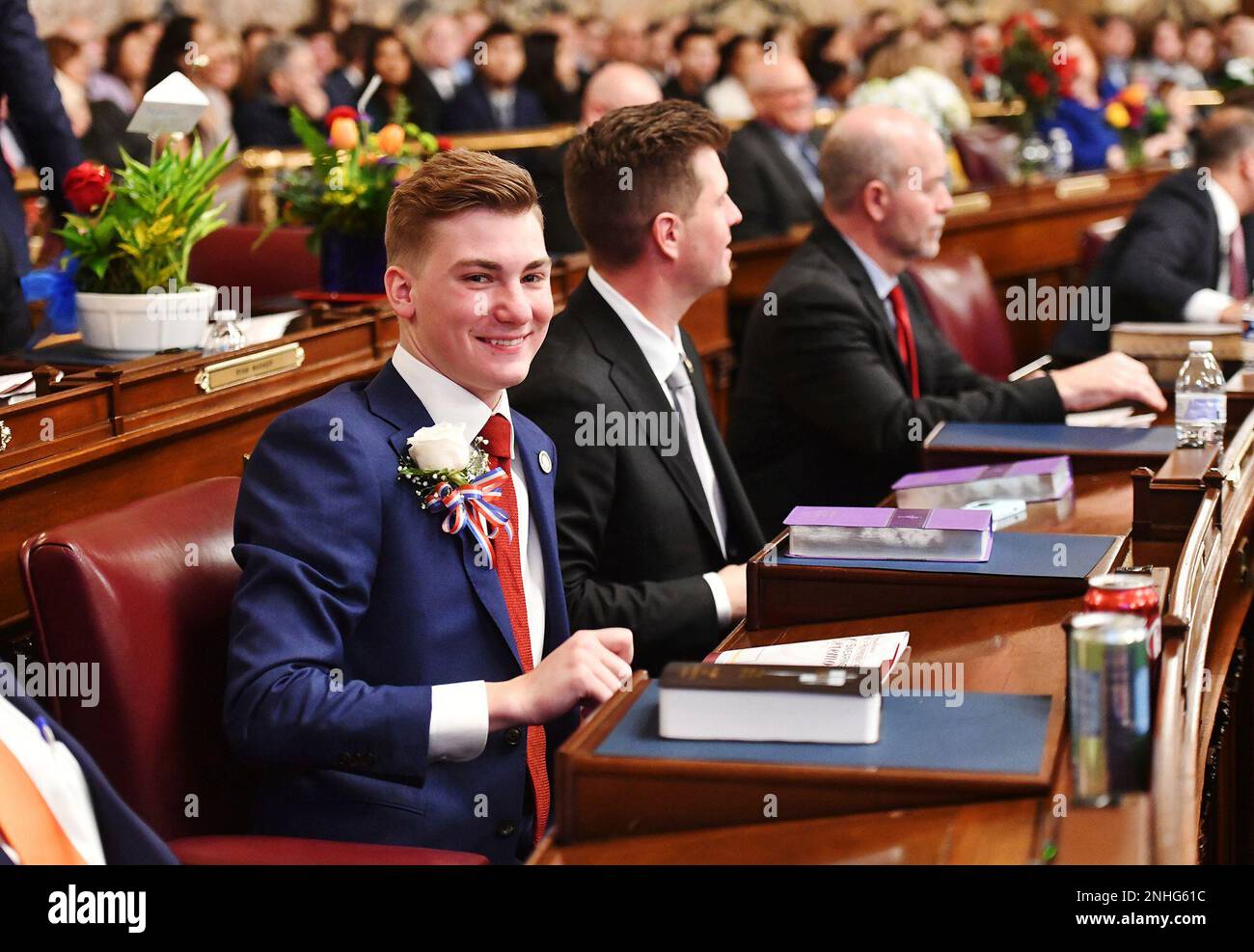 State Rep. Alec Ryncavage, (R-119) reacts after flipping the switch for ...