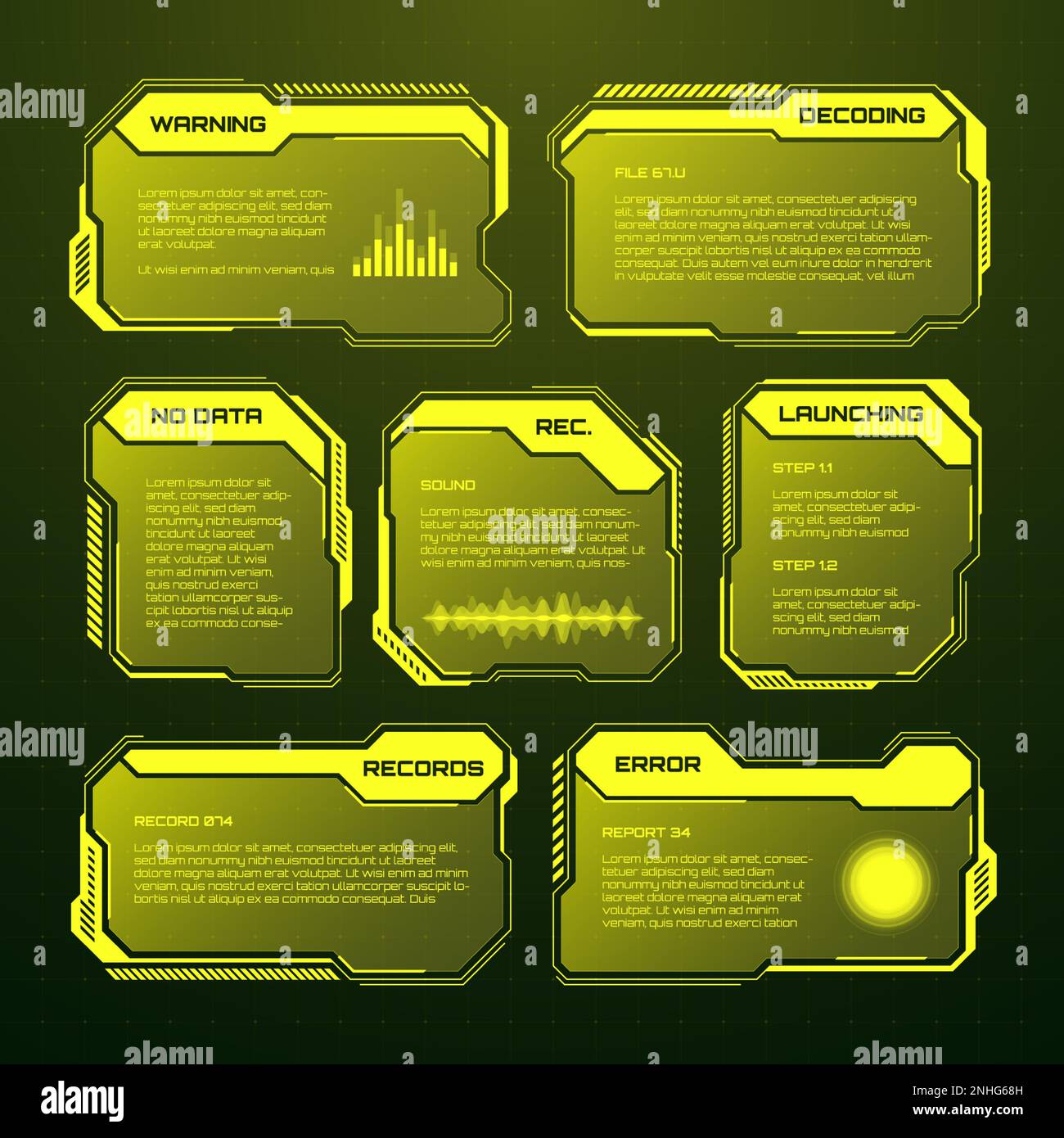 Yellow futuristic HUD, UI elements. Sci-fi user interface text boxes ...