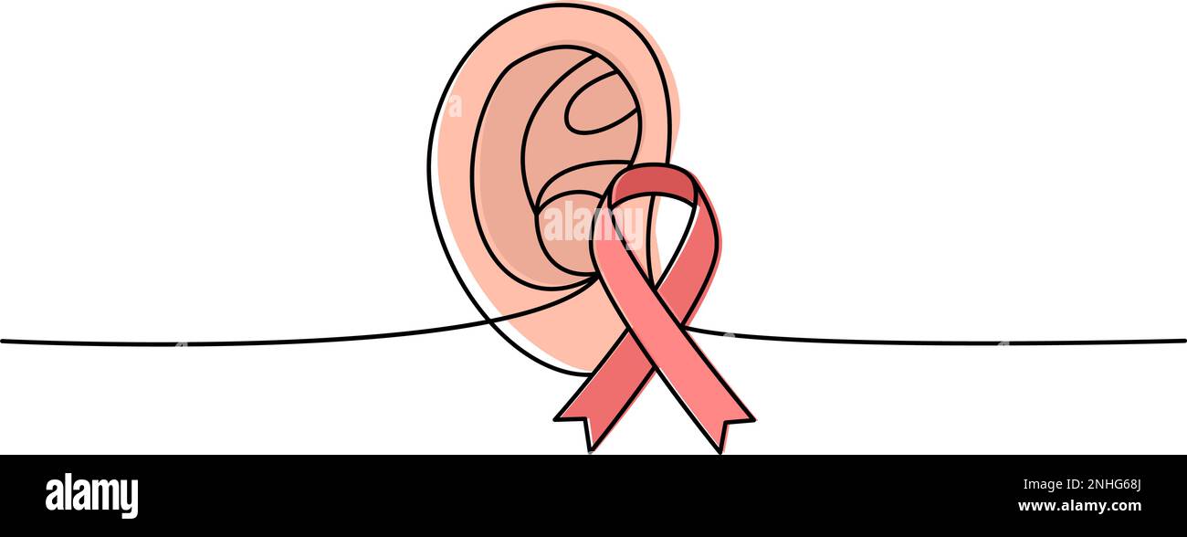 Human ear with ribbon one line colored continuous drawing. Cancer ...