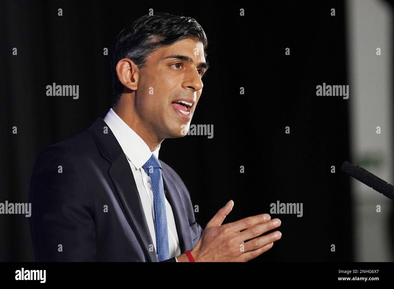 Britain's Prime Minister Rishi Sunak gestures during his first major domestic speech of 2023 at ...