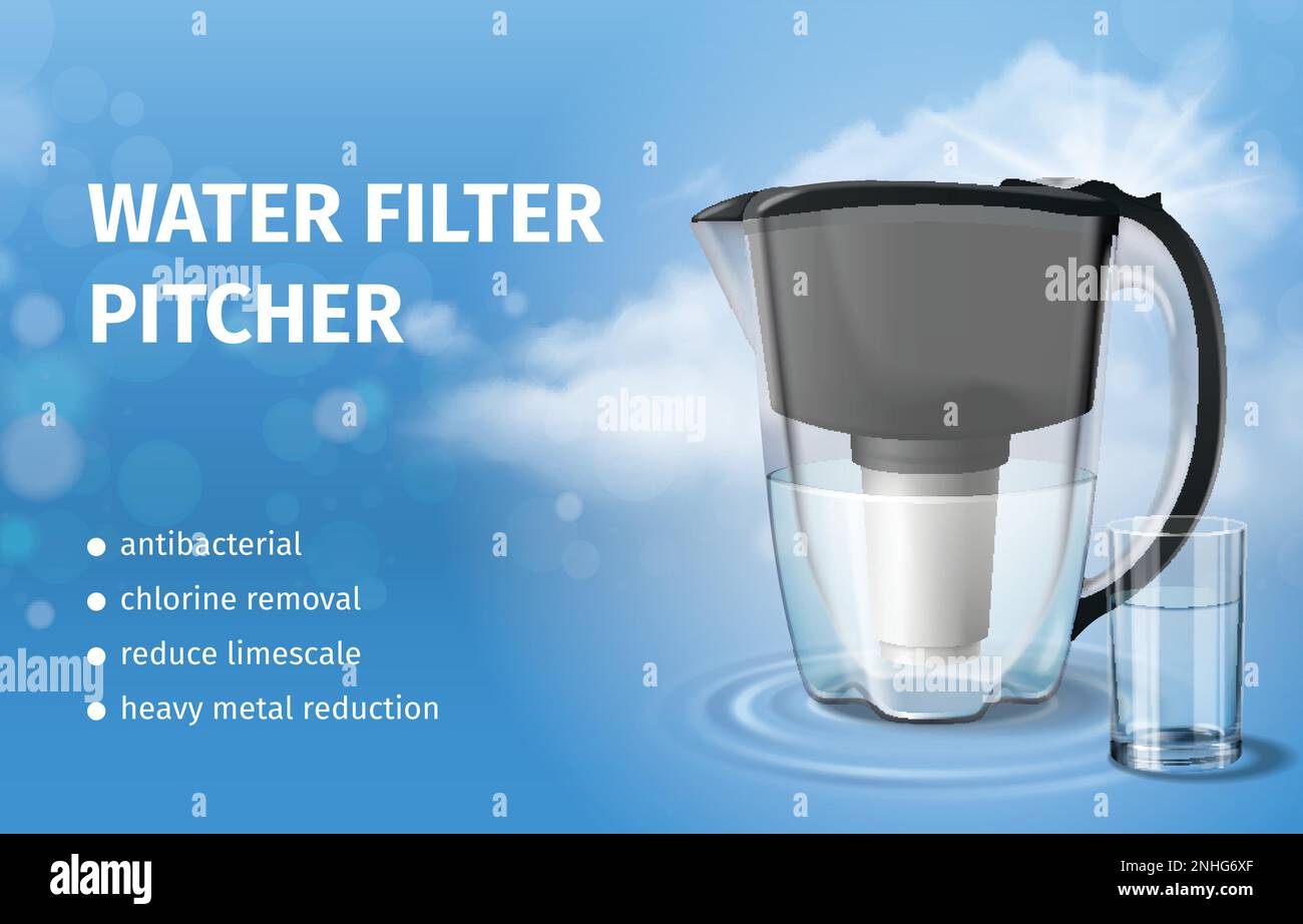 Water filter pitcher on realistic background ad poster template vector ...