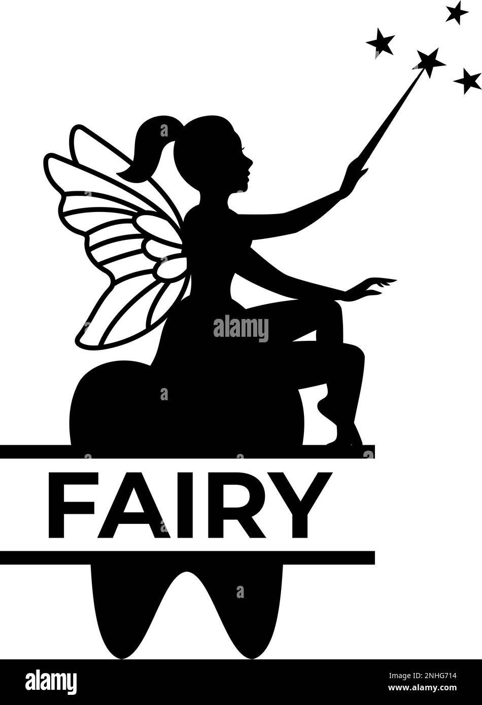 Fairy sitting on the tooth. Dental monogram. Little creature with wings ...