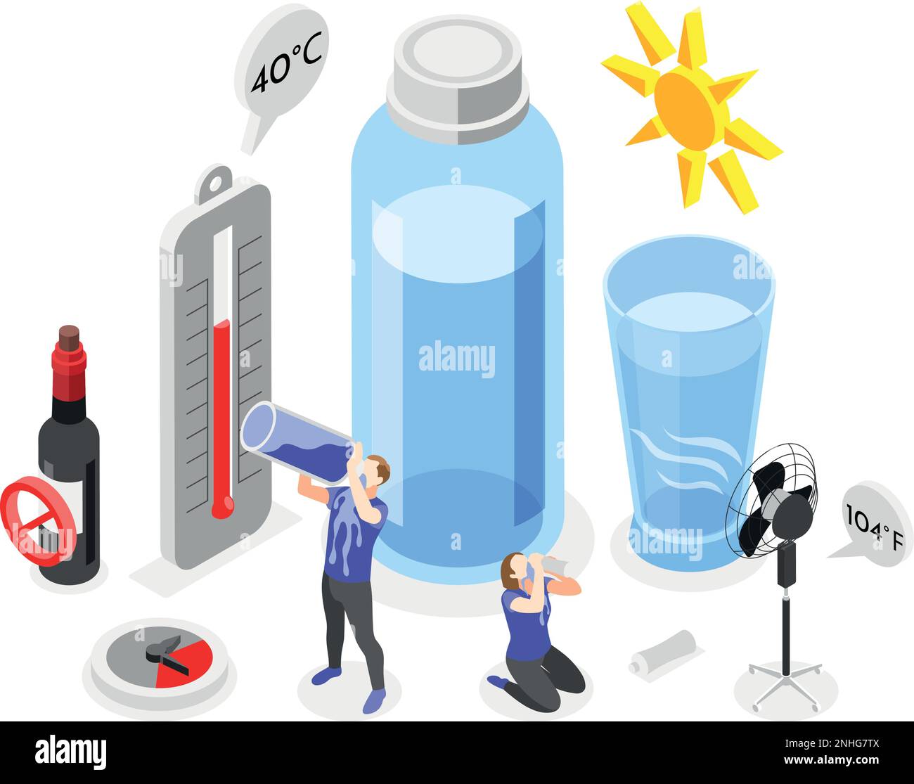 Heat stroke isometric composition with set of water containers sun ...