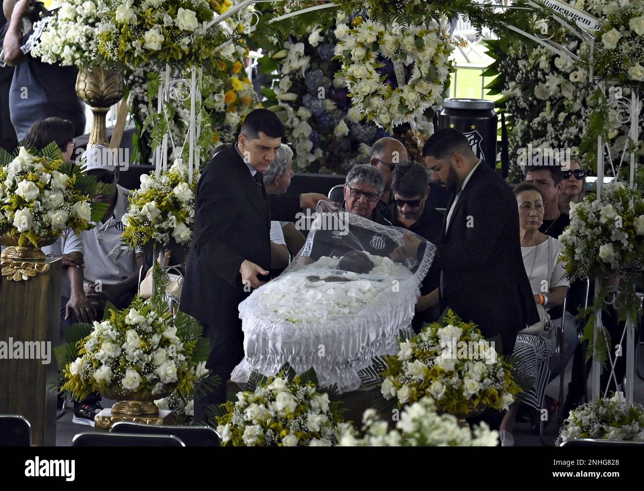 The coffin of Brazilian football player Pele is set at the pitch of the ...