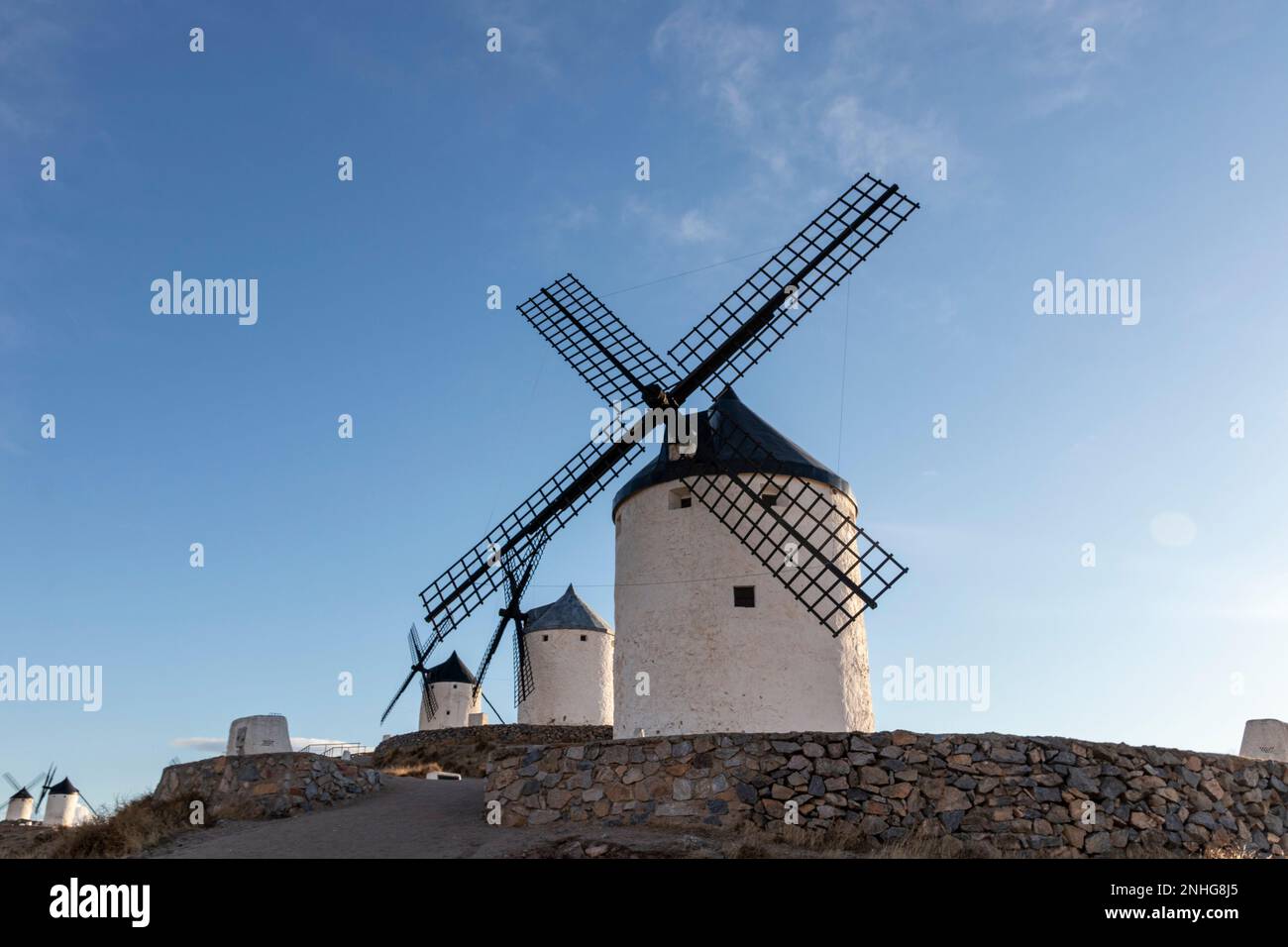 ancient windmills in the town of Consuegra (Spain), on the route of the ...