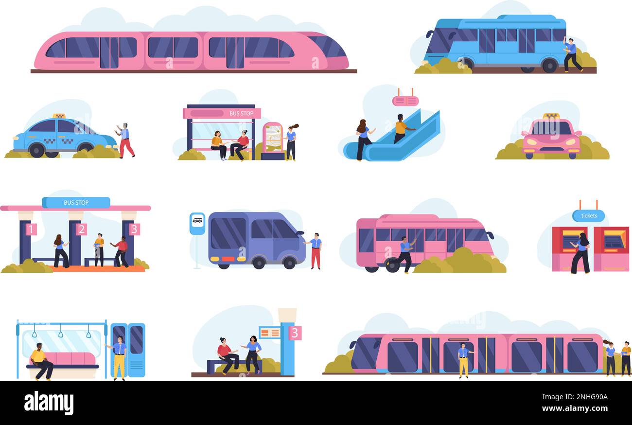 People using various means of public transport flat set with subway bus ...