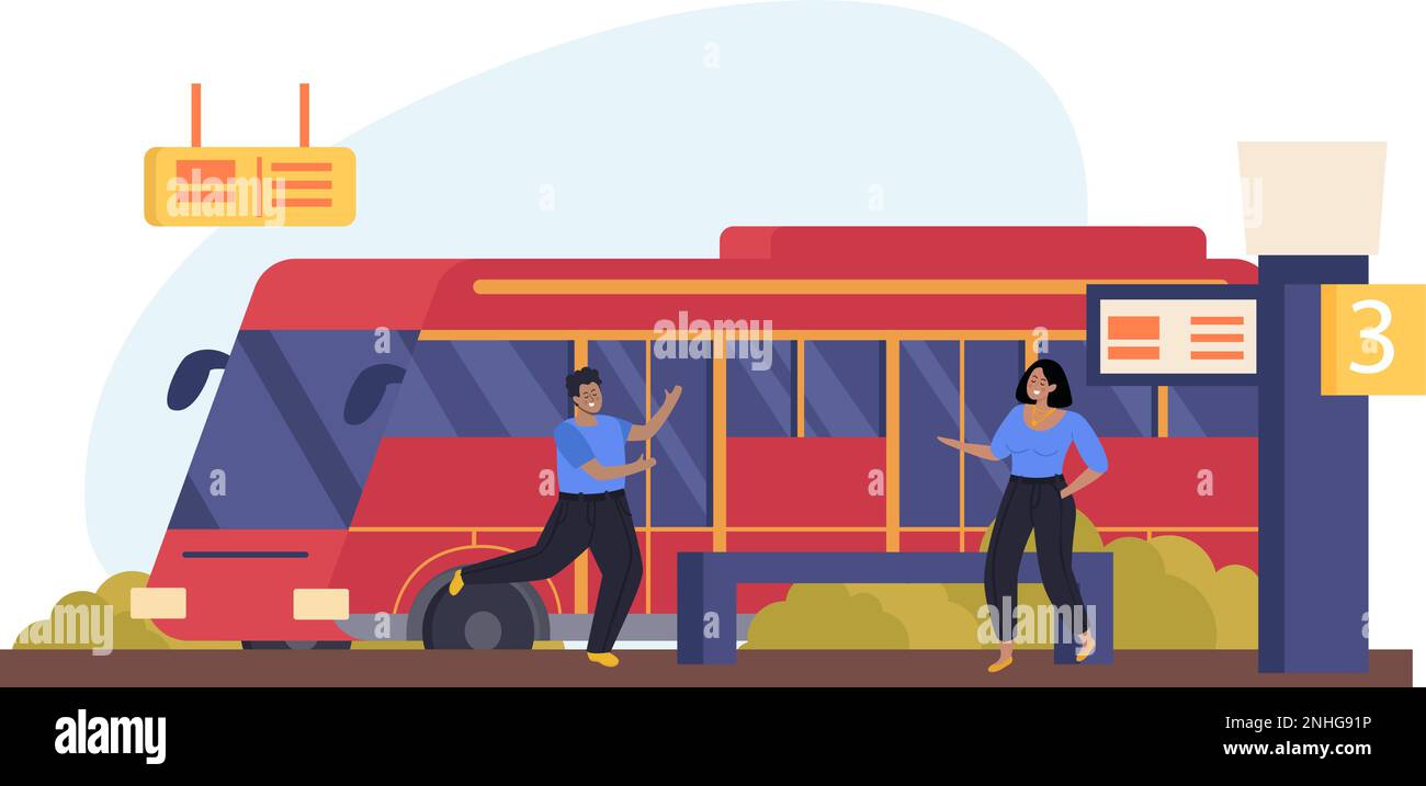 Public city transport flat background with arriving bus and two people ...