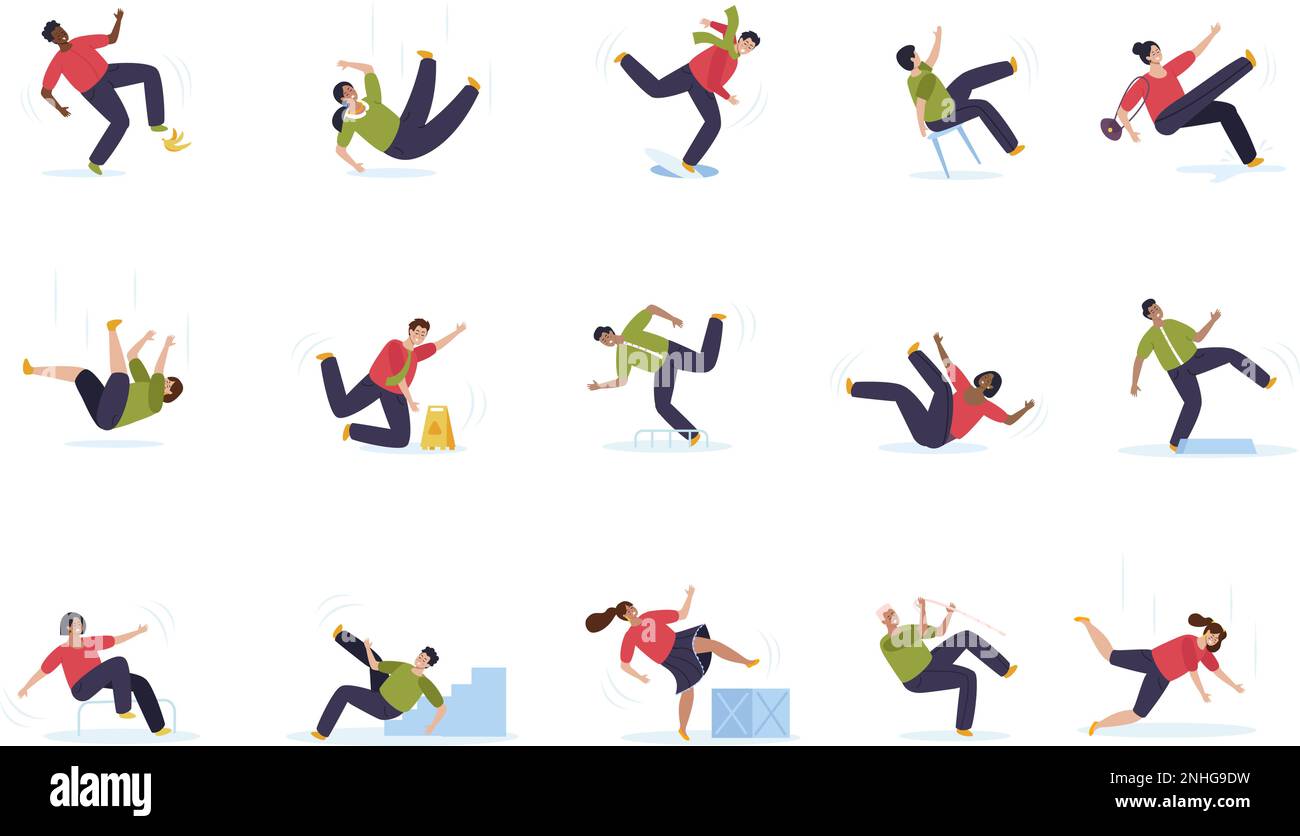 Flat set of people falling down stairs into sewer hatch off stool ...