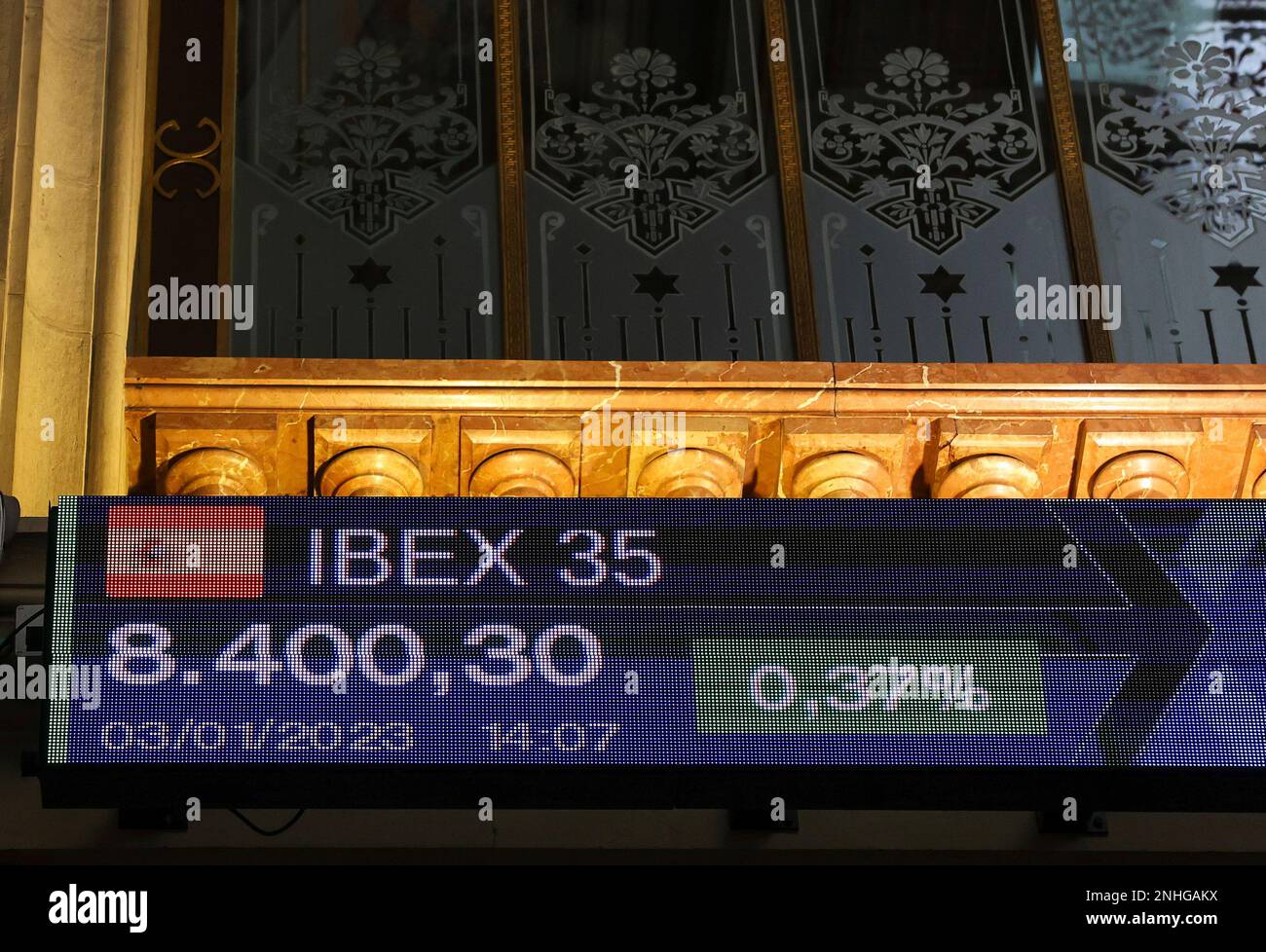 A panel of the Ibex 35 at the Palacio de la Bolsa, on January 3, 2023, in Madrid (Spain). The ...