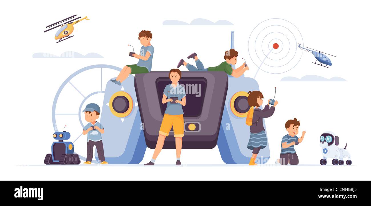 Children and teenagers playing with various remote controlled toys ...