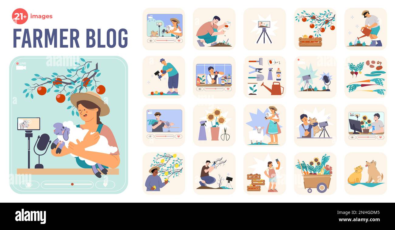 Farmer blog flat compositions set with square views of shooting routine ...