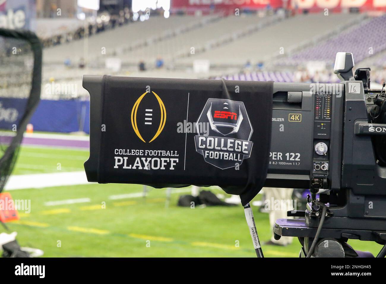 GLENDALE, AZ - DECEMBER 31: The College Football Playoff and ESPN College Football logos on a TV ...